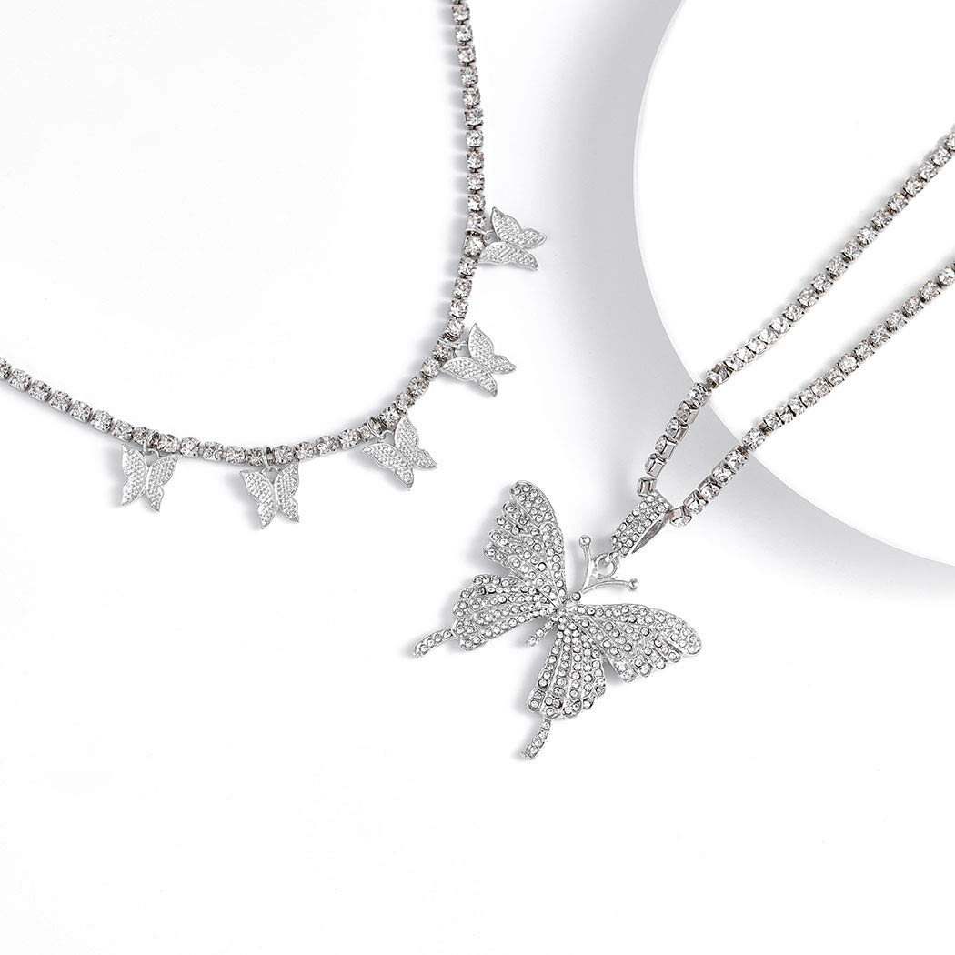 Zoestar Butterfly Choker Necklace Gorgeous 2 Layered Crystal Pendant Necklaces Sparkly Butterfly Chain Jewelry for Women
