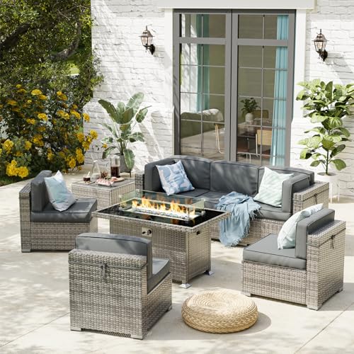 UDPATIO Patio Furniture Sets with Fire Pit Table, Modular Grey Rattan Outdoor Sectional Set, Wicker Conversation Set for Backyard, Deck, Poolside w/Coffee Table, 8pc Grey (Include Sofa Cover)