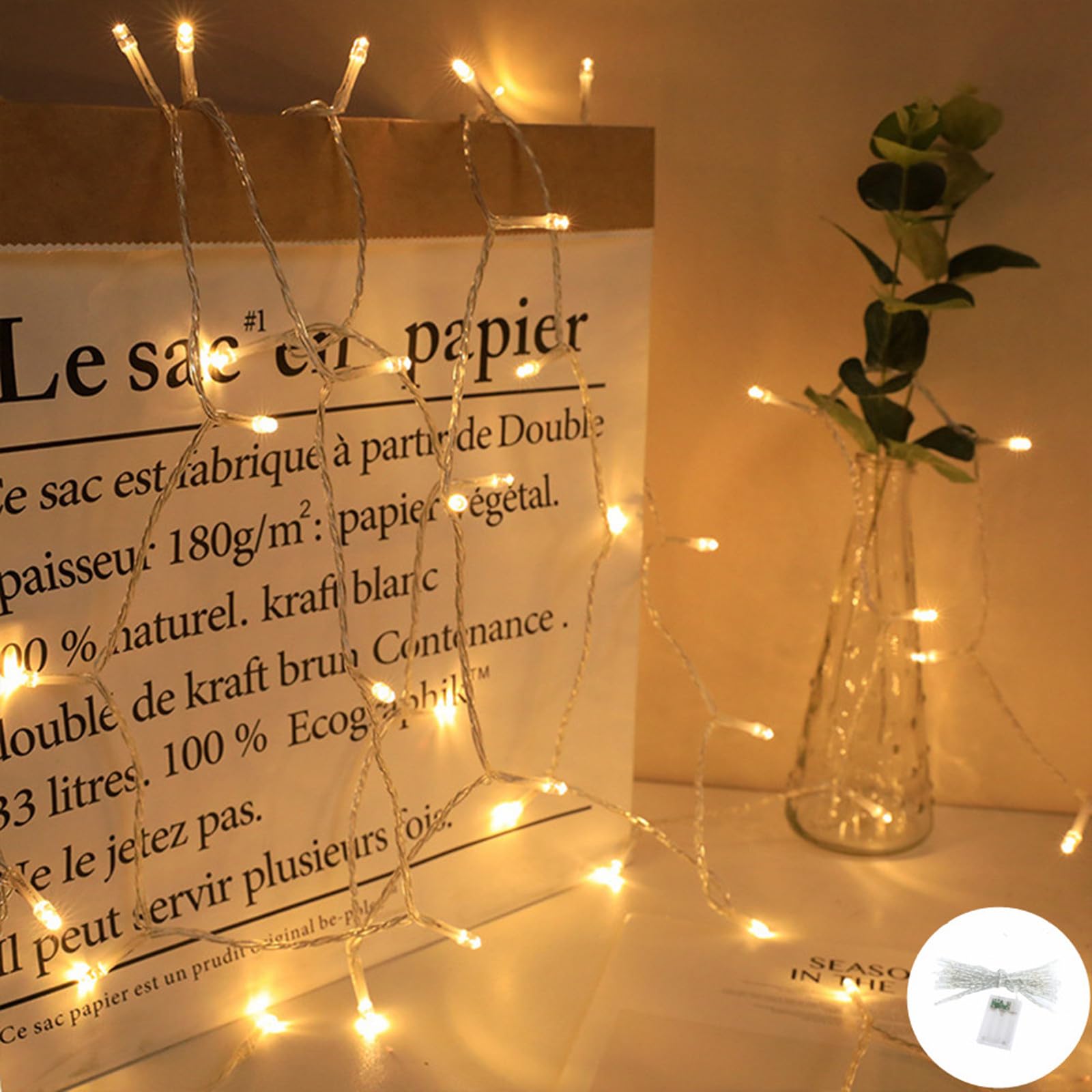 Warm White LED Fairy Lights Battery Operated String Lights Waterproof Silver Copper Wire 7 Ft 20 Led Firefly Starry Moon Lights for DIY Wedding Party Bedroom Patio Halloween Christmas Room Decor
