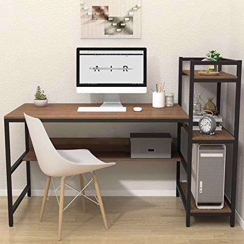 Yoleo Computer Desk with 4 Tier Storage Shelves - 53.54'' Student Study Table with Bookshelf Modern Wood Desk with Steel Frame for Small Spaces Home Office Workstation (Walnut)