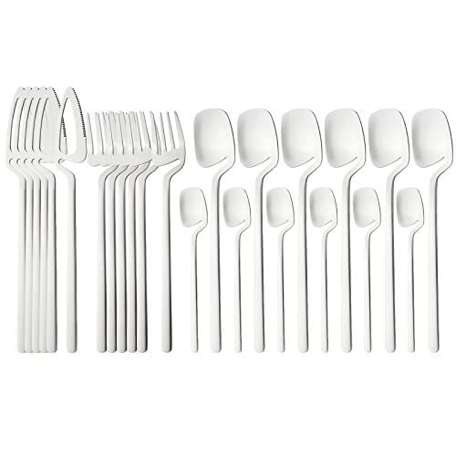 VEGOWI 24 Piece Matte Silver Hangable Cutlery Set, 304 Stainless Steel Kitchen Utensils Include Knife Fork Spoon, Modern & Creative Design Silverware Service For 6, Dishwasher Safe