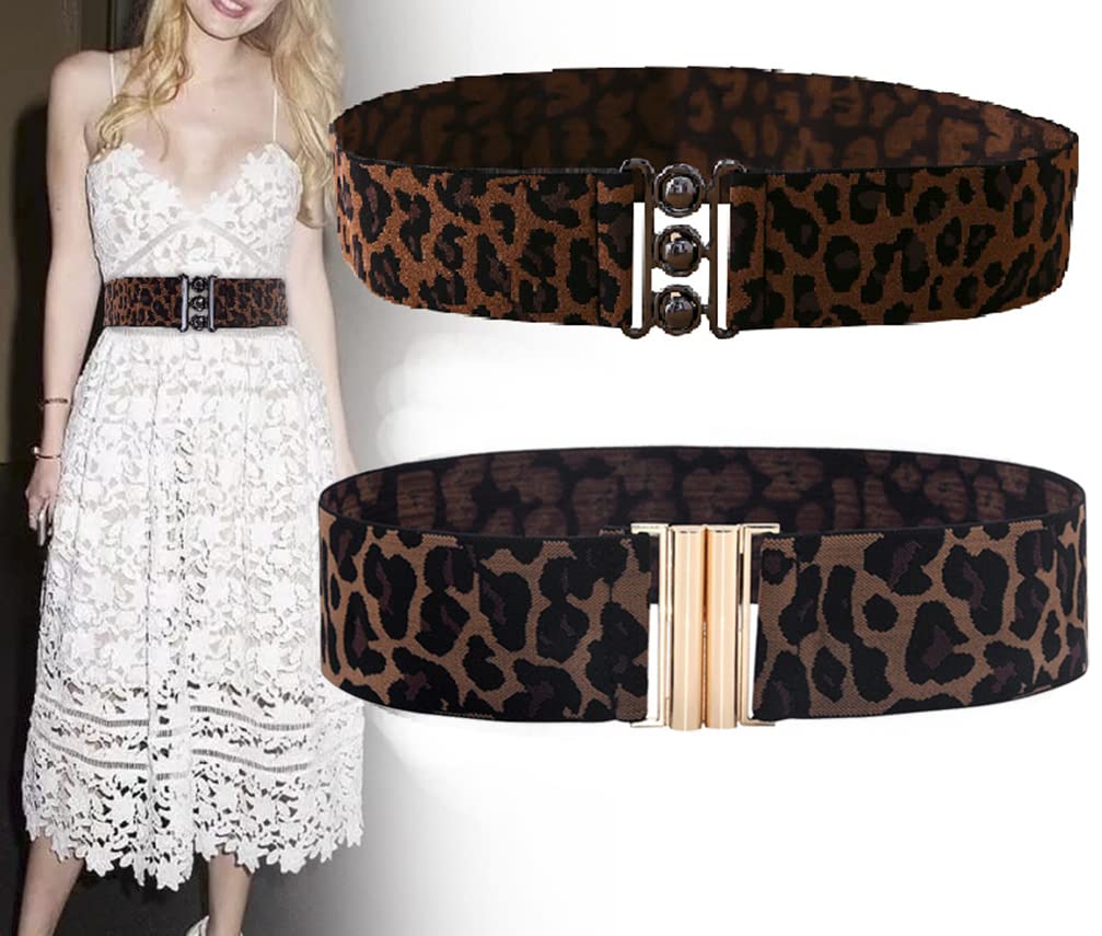 Women's Ladies Elastic Vintage Leopard Print Obi Belts Stretchy Retro PU Leather Waist Cinch Belt (Leopard Gold, Below 39")