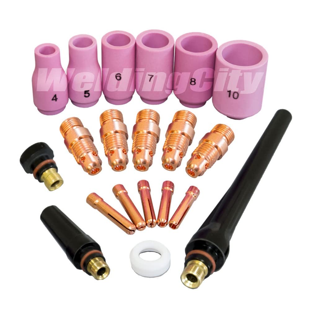 WeldingCity TIG Welding Torch Accessory Kit Stubby Setup (.020"-.040"-1/16"-3/32"-1/8") Collet-Collet Body-Ceramic Cup-Gasket-Back Cap for Torch 17, 18 and 26 Weldcraft Miller Lincoln Hobart ESAB