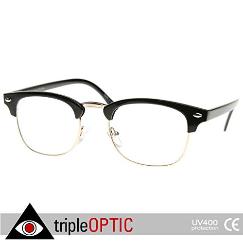 zeroUV Vintage Inspired Classic Half Frame Horn Rimmed Clear Lens Glasses (Black-Gold)