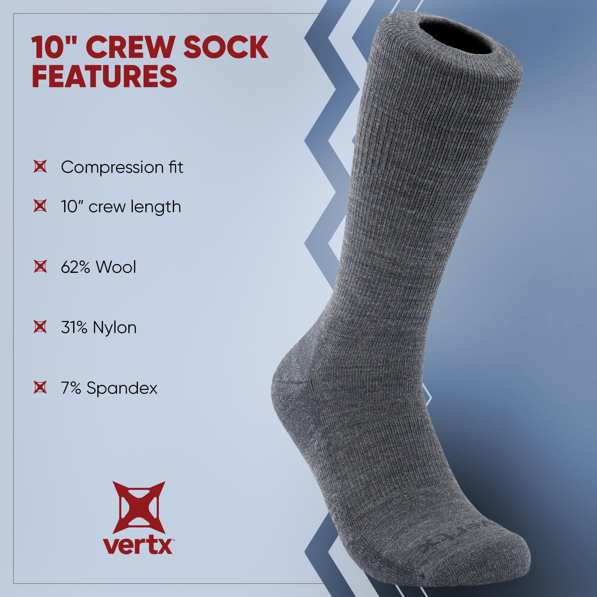 Vertx VaporCore Mens Crew Socks 10", Tactical Athletic Moisture Wicking Merino Wool Socks, for Hiking Sport Hunting EDC Gear, Quick Drying with Odor Control, Smoke Grey, Large