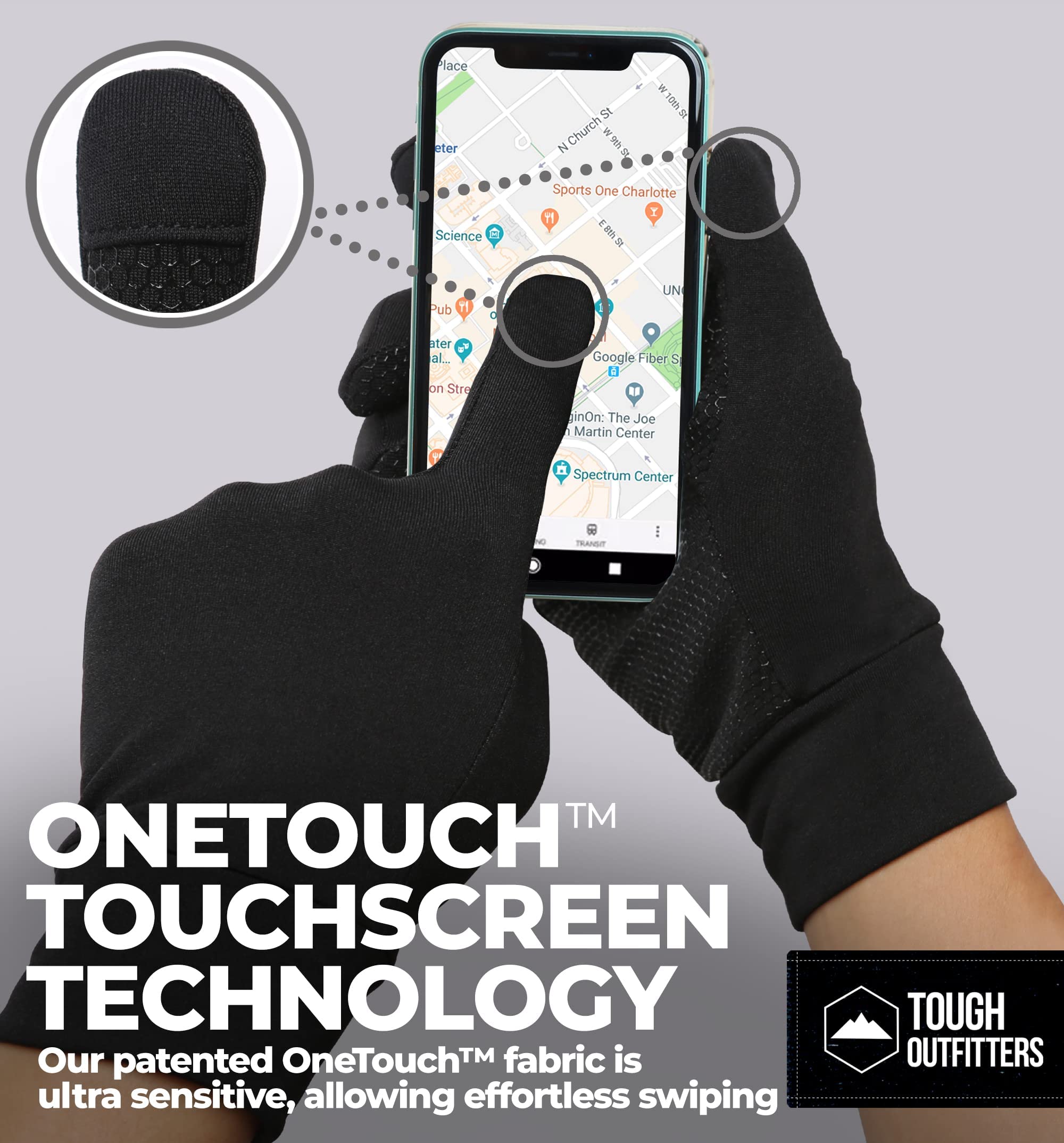 Tough Outdoors Touch Screen Running Gloves - Black Winter Glove Liners for Texting, Cycling, Exercise & Sports - Thin, Lightweight & Warm Cold Weather Thermal Gloves - Super Grippy Palm X-Large