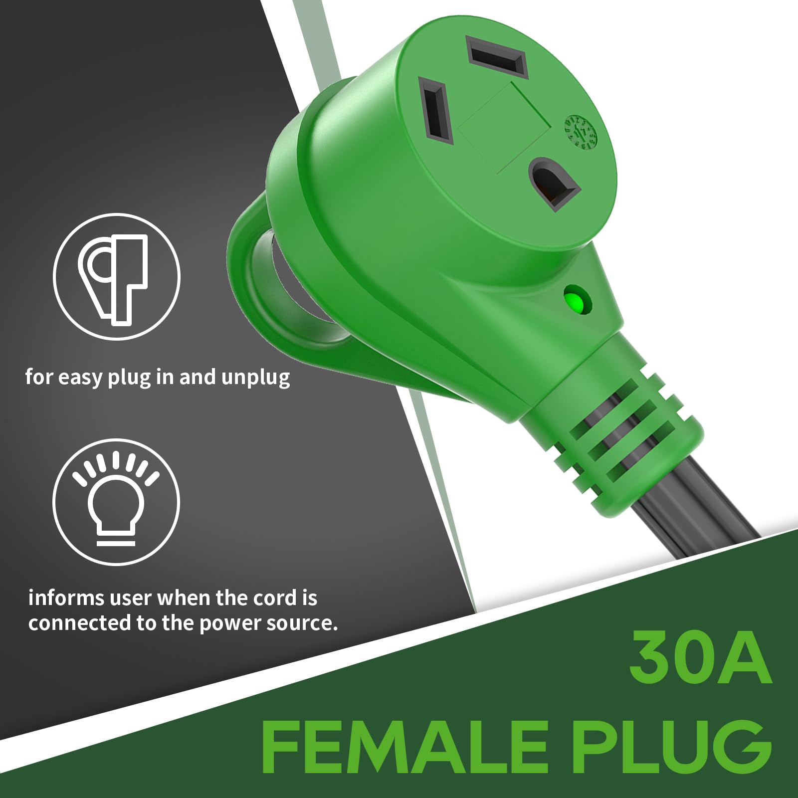 RVGUARD 3 Prong 30 Amp to 30 Amp RV Generator Adapter Cord 12 Inch STW 10/3, L5-30P Locking Male Plug to TT-30R Female with LED Power Indicator, Green