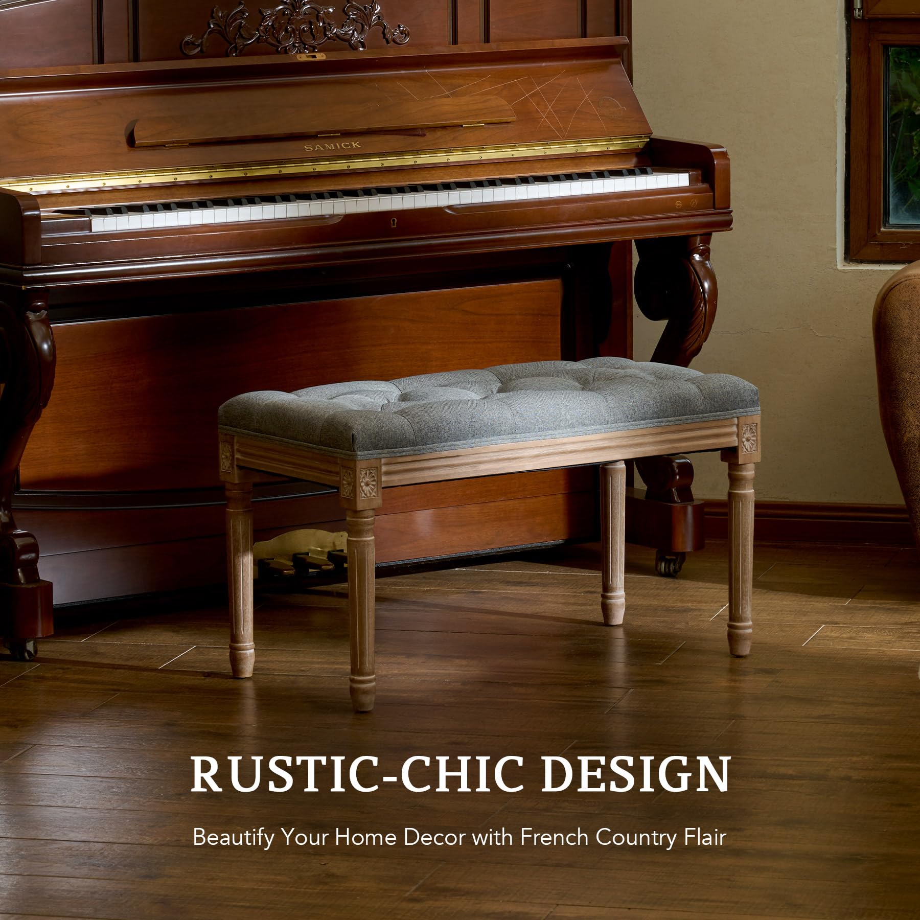 VONLUCE Vintage Bench, 31 in x 16 in, Beige Rubberwood, Button Tufted, with 2 Layer Padding, for Foyers, Entryways, Piano, Dining, Living Room
