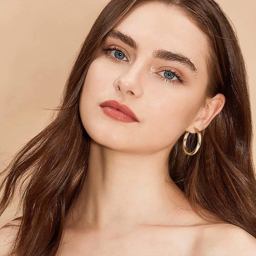 Turandoss Gold Hoop Earrings, 14K Gold Plated Lightweight Chunky Open Hoops for Women, 25mm Diameter, Nickel Free, Hypoallergenic