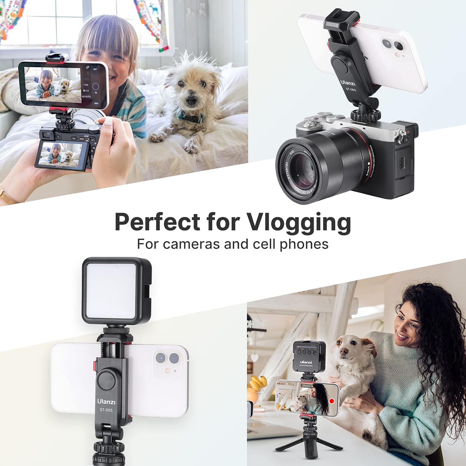 ULANZI Phone Tripod Mount ST-06S, New Universal Smartphone Mount Adapter with 2 Cold Shoe, 360° Rotates Adjustable Cell Phone Clip Clamp Holder, Compatible with iPhone, Samsung Galaxy and All Phones
