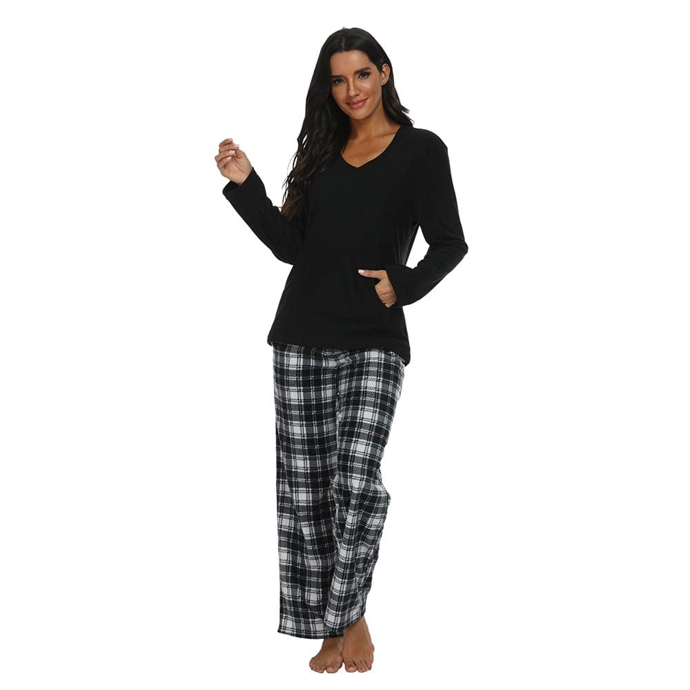 U2SKIIN Mens Pajama Set, Plaid Pajamas for men Long Sleeve Sleepwear Warm Pjs Set with Pockets(Black/Red-Black Plaid, XL)