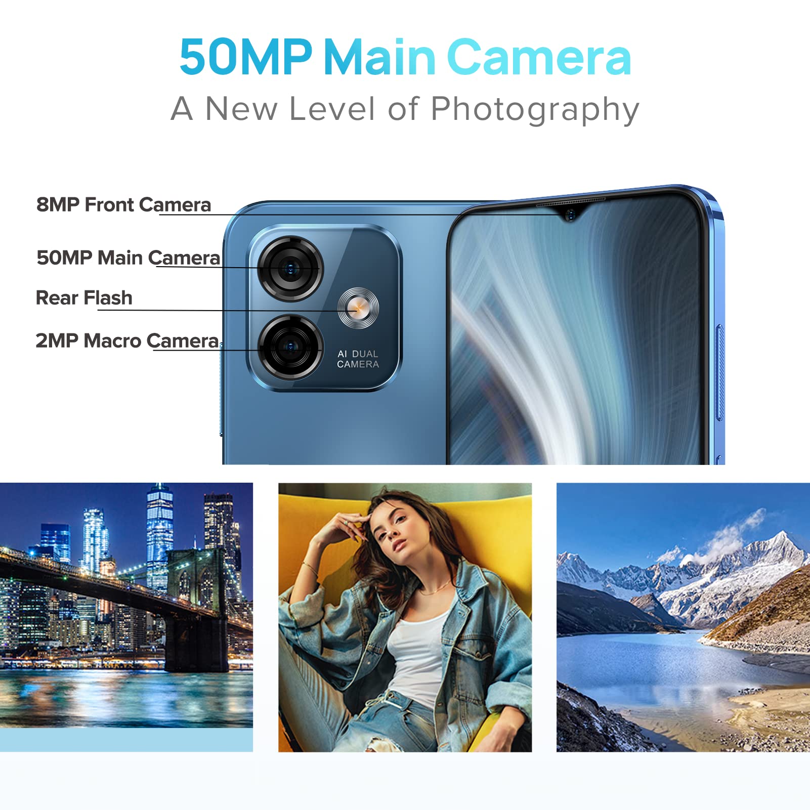 Ulefone Note 16 Pro Unlocked Cell Phones, Up to 16+128GB Smartphone, 50MP+2MP+8MP, Android 13, 6.52β Display, 4400mAh, NFC, Fingerprint/Face Unlocked, 4G Dual SIM Cellphones | Blue