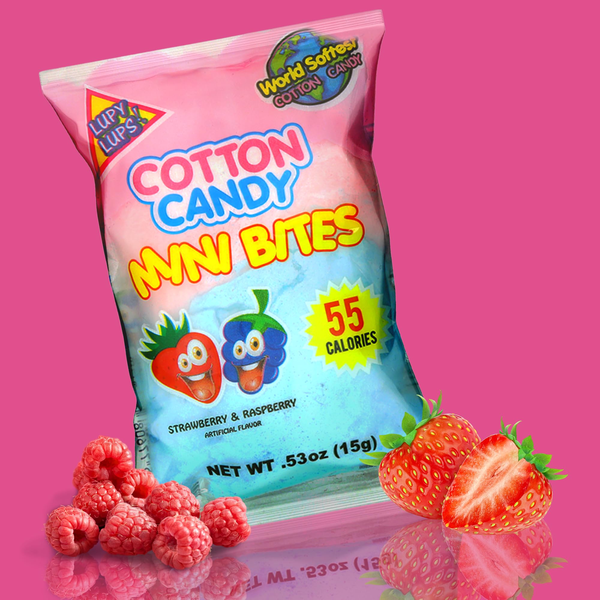 Strawberry and Raspberry Flavored Cotton Candy Mini Bites, Individually Packaged Party Favors, Swirl Sticker Included, 0.53 Ounces, (Pack of 4)