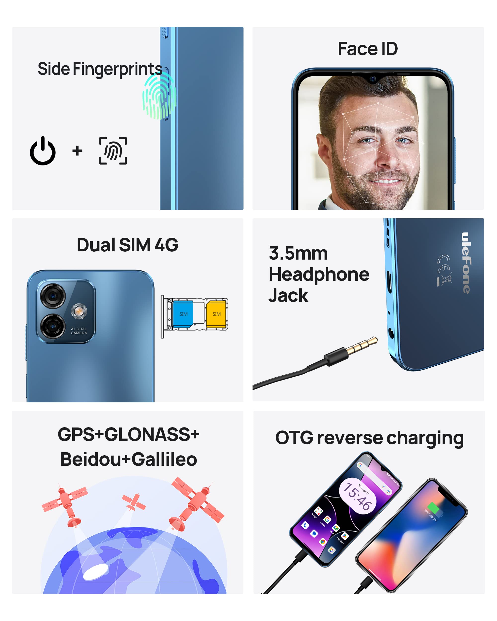 Ulefone Unlocked Cell Phones, Note 16 Pro 16GB + 256GB, 8-Core, 6.52" HD+ Display Unlocked Smartphone, Android 13, 50MP + 8MP, 4400 mAh, Dual 4G LTE, Fingerprint/Face Detection, T-Mobile, Blue