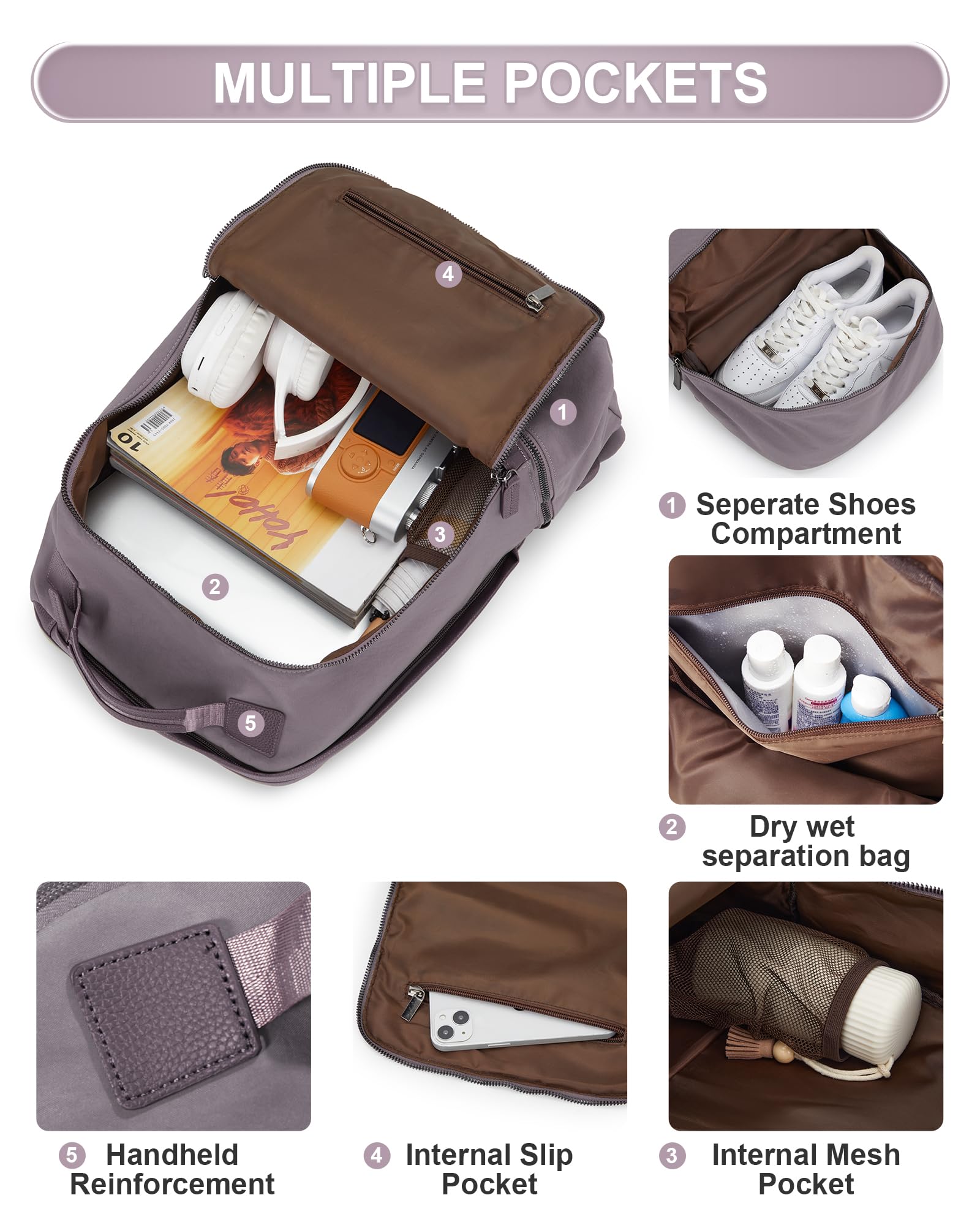 VENATIN Gym Backpack for Women Waterproof Small Gym Bag With Shoe Compartment Sports Essentials Backpack with Wet Dry Pocket, Purple…