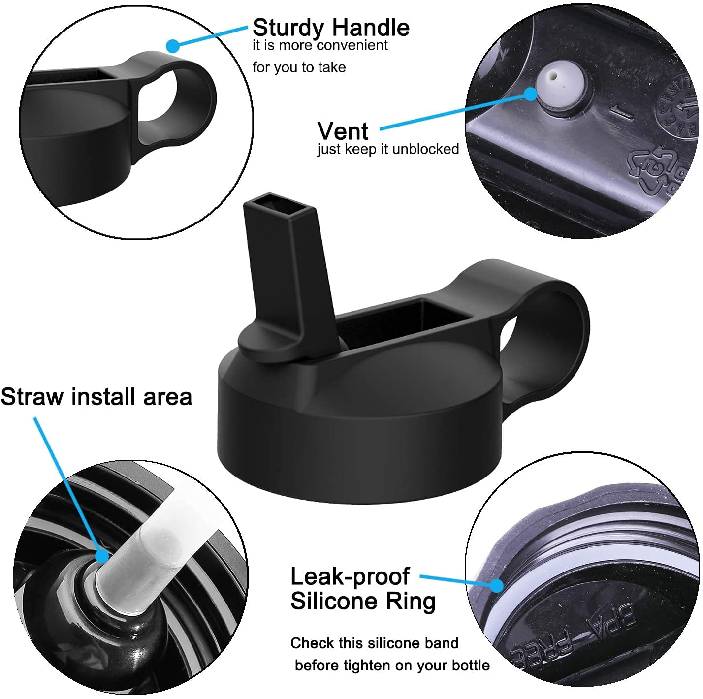SPORTULA Straw Lid with Boot compatible with Hydro Flask Wide Mouth and other Insulated Sport Water Bottles (Black, Fit 32/40 oz Bottle)