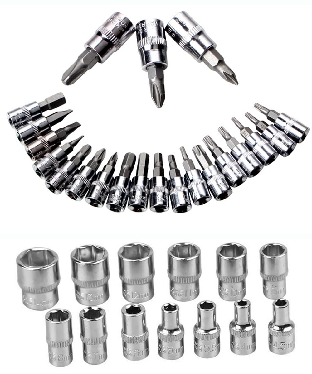 YWHWXB 46 Pieces Mechanic Tool Kit 1/4” Dr. Ratchet Socket Wrench Set with Storage Case, Includes Bit Sockets and Extension Bar