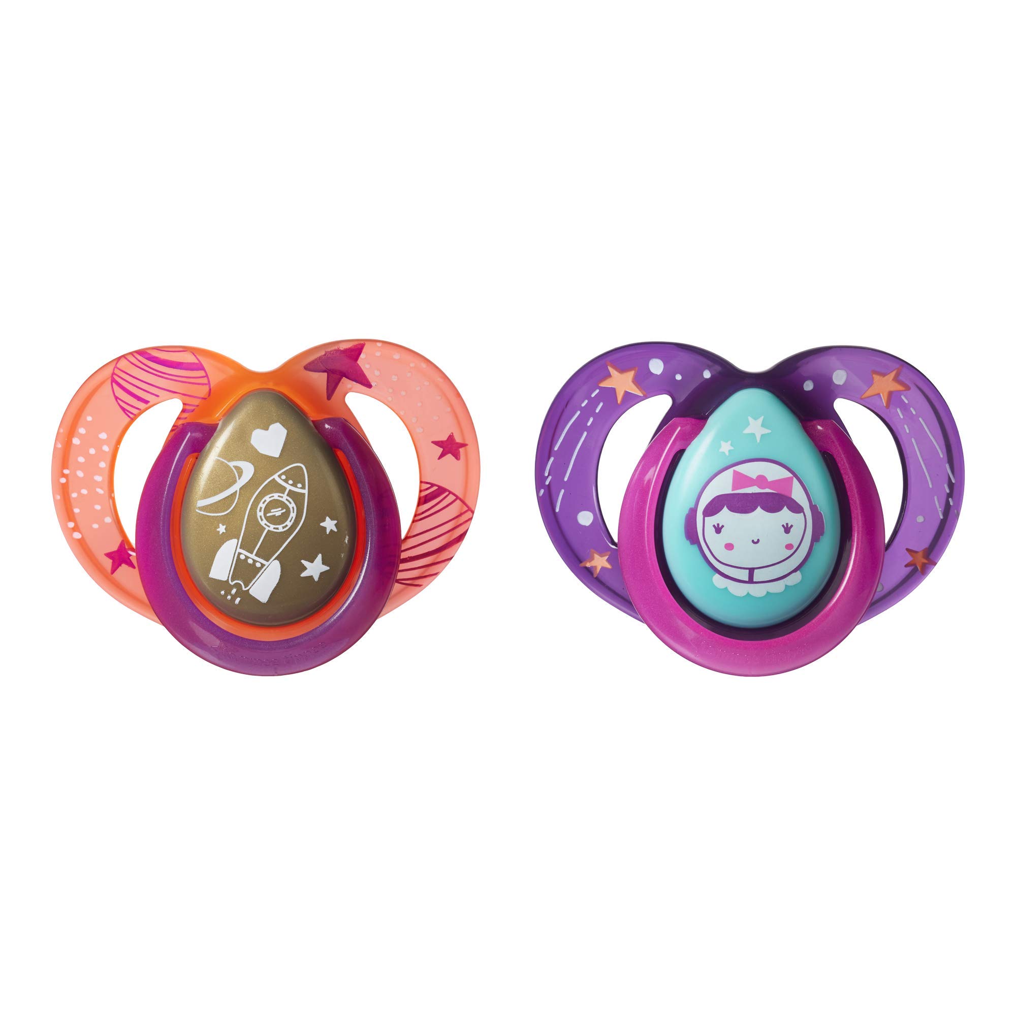 Tommee Tippee Night Time Glow in The Dark Pacifiers, Symmetrical Design, BPA-Free Silicone Binkies, 6-18m, 2-Count, Colors and Designs May Vary