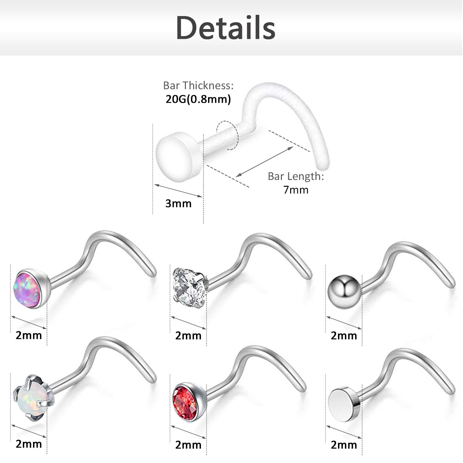 ZS 30 Pieces Cubic Zircon Nose Bone Studs 20 Gauge Stainless Steel Opal Nose Piercing Studs Clear Bioflex Nose Rings for Body Jewelry