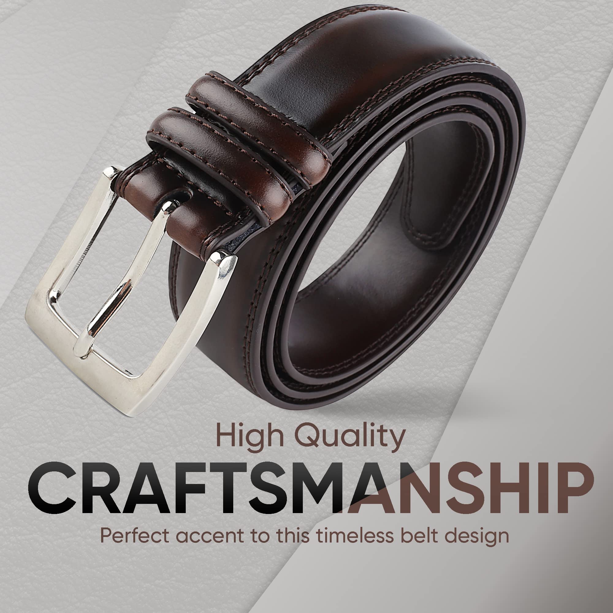 Prospero Comfort Men's Classic Dress Belt ALL Genuine Leather Double Stitch Design 1.35 inches (35mm) Cognac Brown Size 36