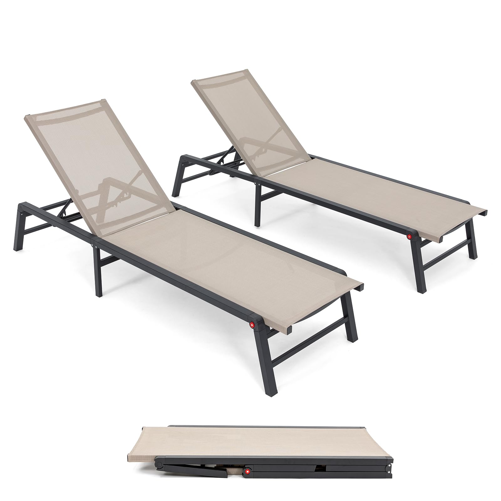 U ULAND Chaise Lounge Outdoor, Aluminum Outdoor Chaise Lounge Set of 2 Assemble-Free, Patio Lounger Poolside Lay Flat Sunbathing Adjustable Backrest Pool Lounge Chair