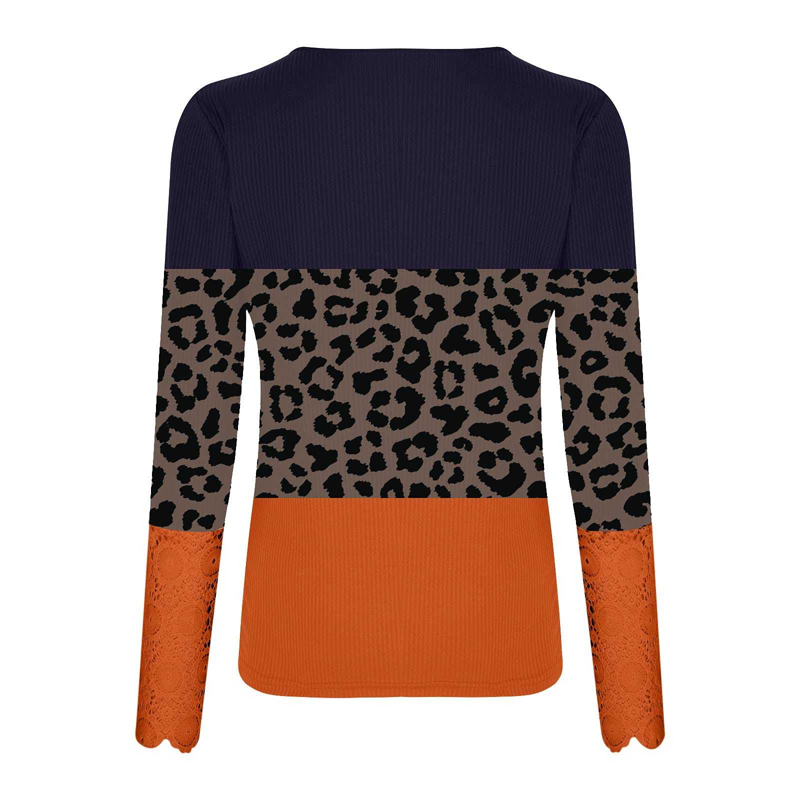 Womens Leopard Print Button Color Block Tops Sweaters Fashion Casual Lace Sleeve Loose Sweatshirts Blouse Orange