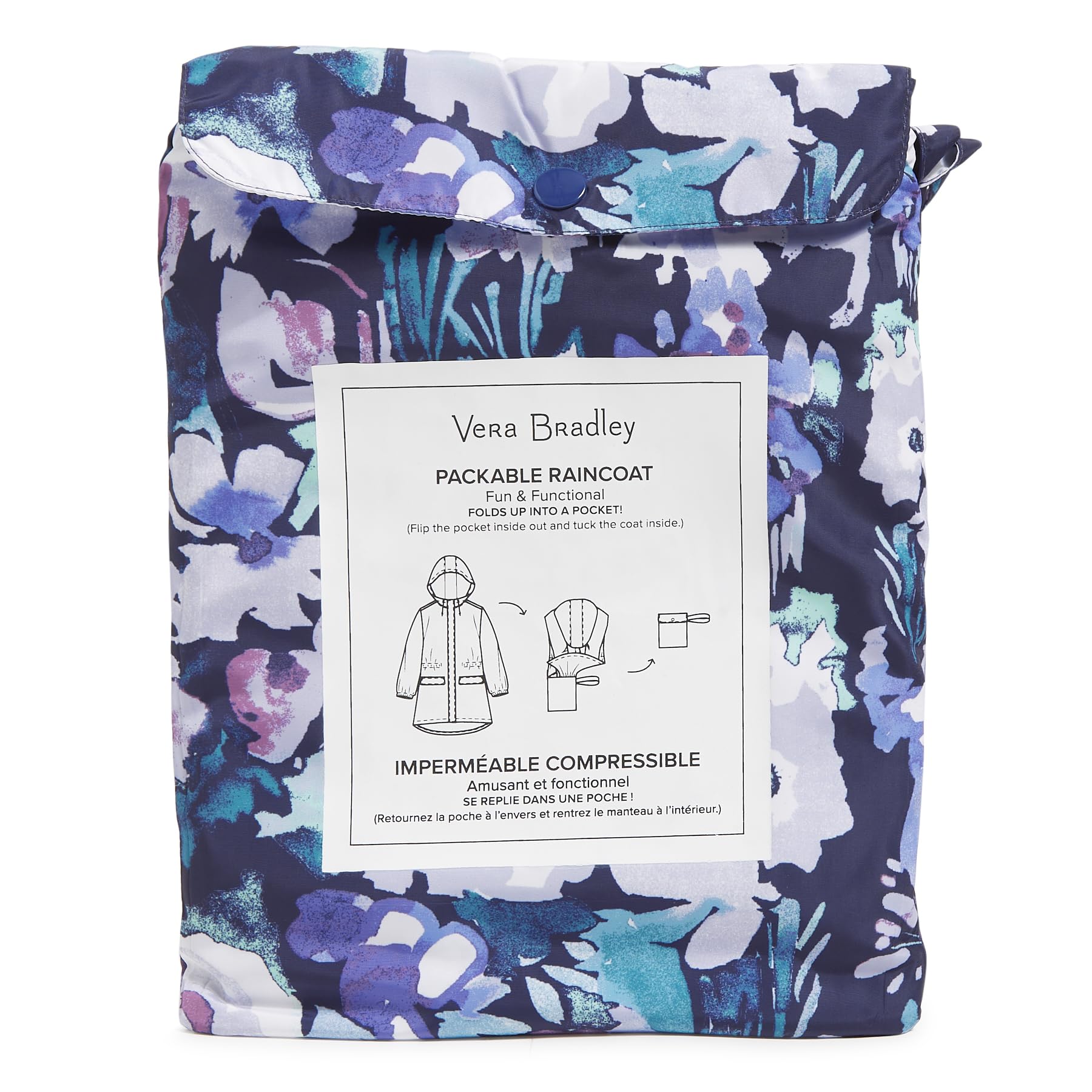 Vera Bradley Women's Packable Water Resistant Raincoat (Extended Size Range), Hope Blooms Teal, XXLarge