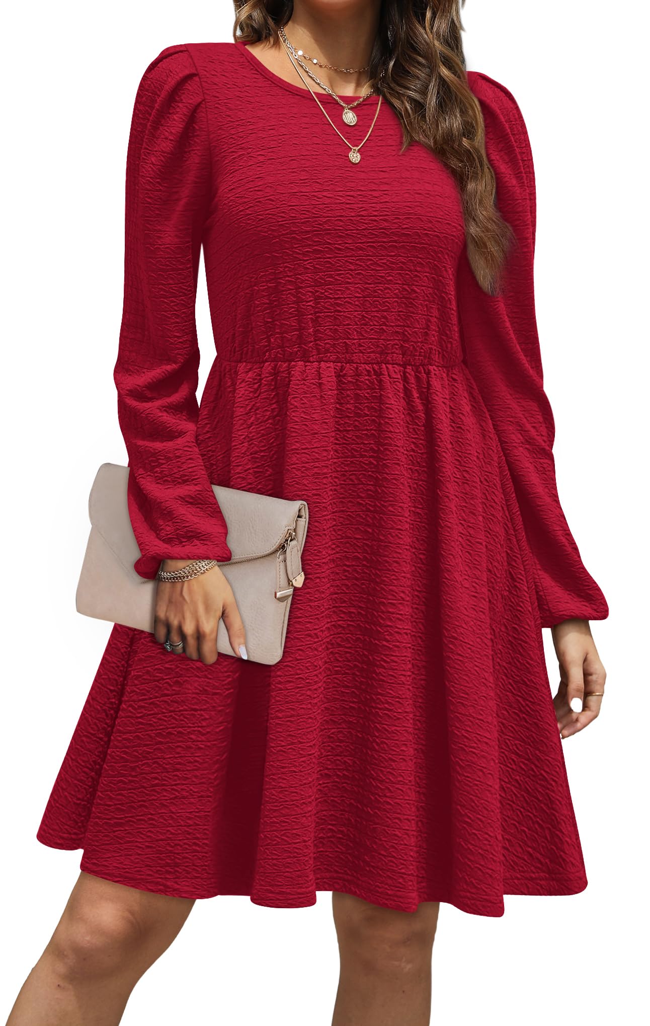 SAMPEEL Winter Womens Burgundy Dress Elegant Puff Sleeve Casual Christmas Dresses Knee Length M