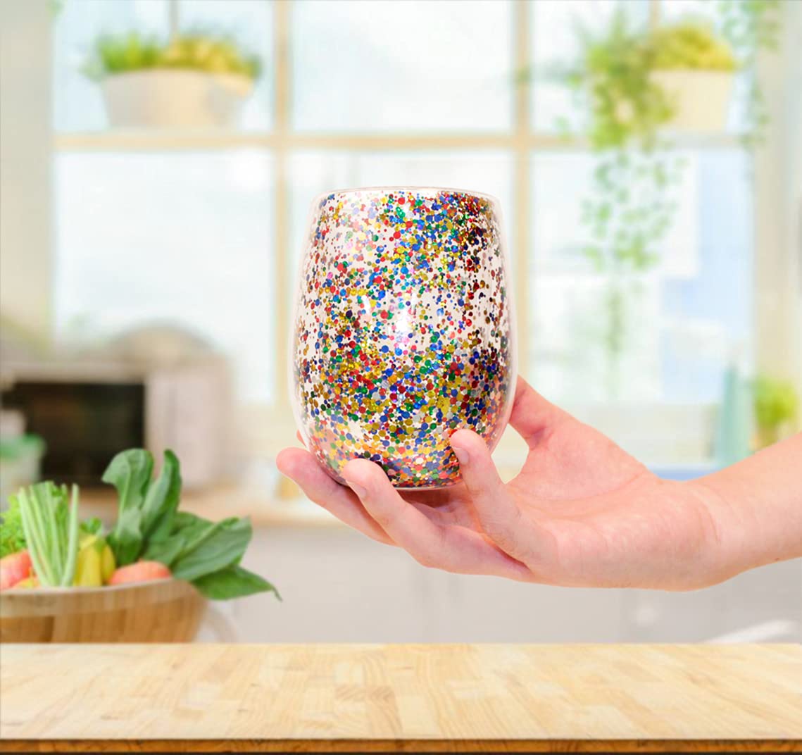 Wild Eye Designs Double Wall Insulated Wine Borosilicate Glass, Rainbow Confetti Set of 4pcs Small 13 fl oz