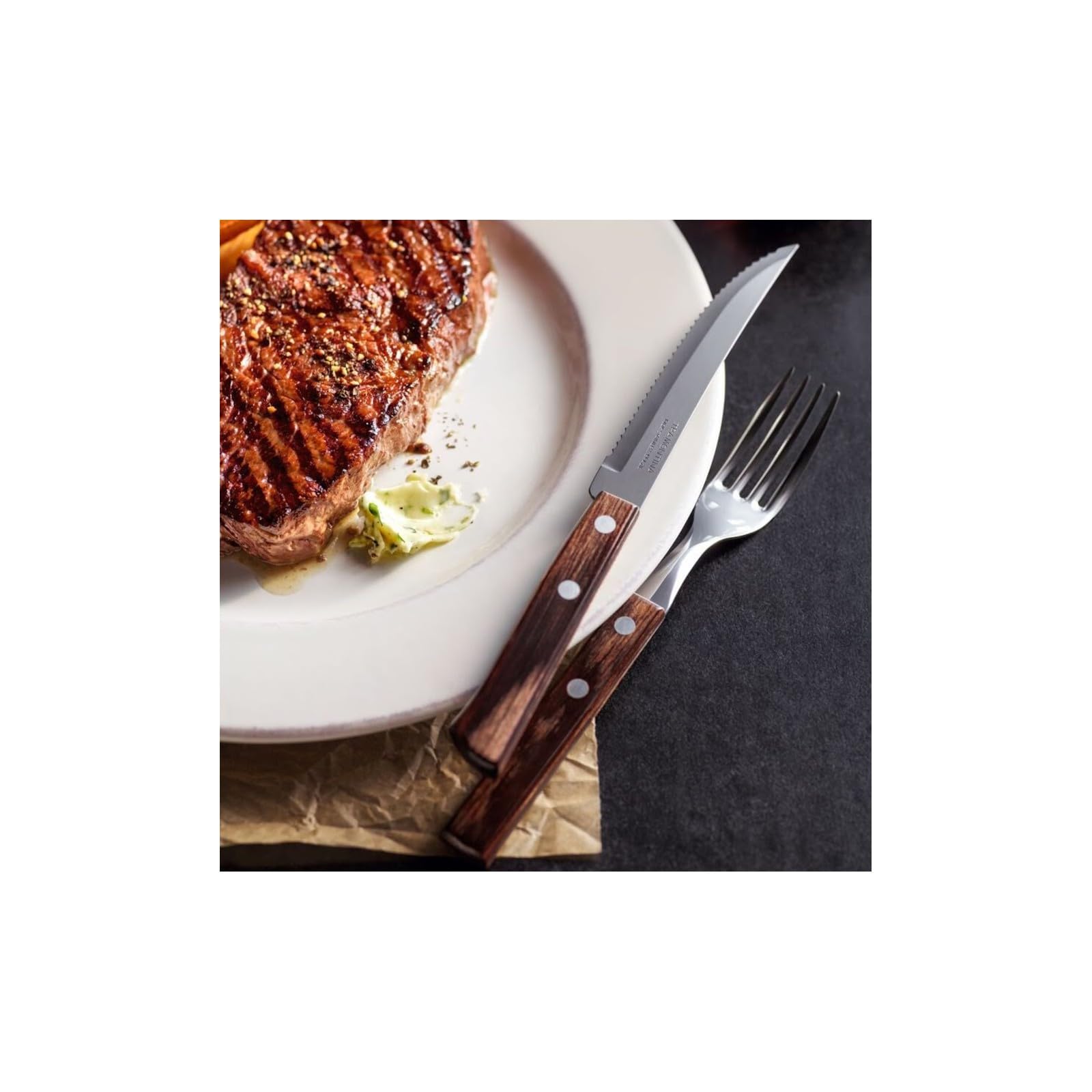 Tramontina Cutlery Set with Steak Knives, 12 Piece Sharp Knife and Fork Set with Wooden Handles, Camping, Kitchen, Rustic, Dishwasher Safe, 29899199