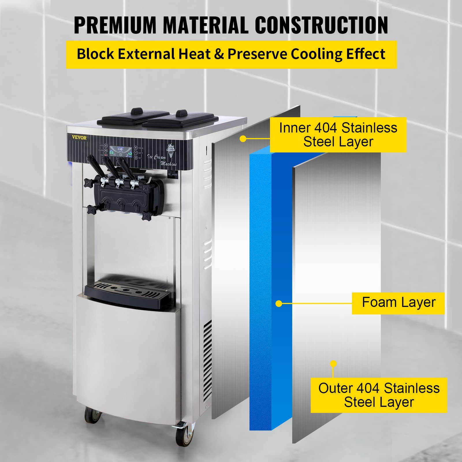 VEVOR 2200W Commercial Soft Ice Cream Machine 3 Flavors 5.3 to 7.4Gallons per Hour Auto Clean LED Panel Perfect for Restaurants Snack Bar supermarkets 2200W