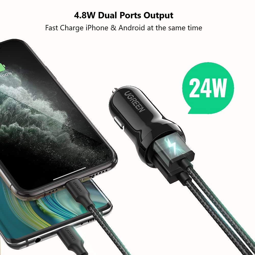 UGREEN Car Charger Adapter 4.8A- 12V USB Car Charger, Cigarette Lighter Adapter Mini Car Phone Charger Compatible with iPhone 14/13/12/11/X/iPad Pro/Air/Mini, Galaxy S22/S21/S10/Note 20, Pixel 5/5a/4