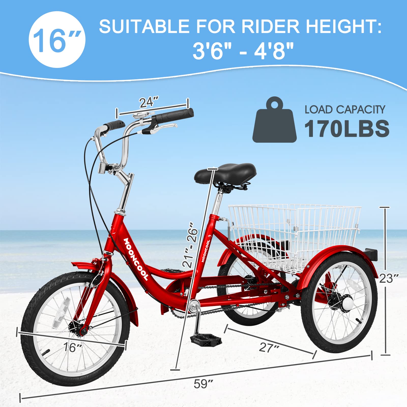 Slsy 16 inch Tricycle Trike Bike Perfect for Beginner Riders, Single Speed 3 Wheel Bikes, Three-Wheeled Bicycles with Adjustable Height and Rear Basket