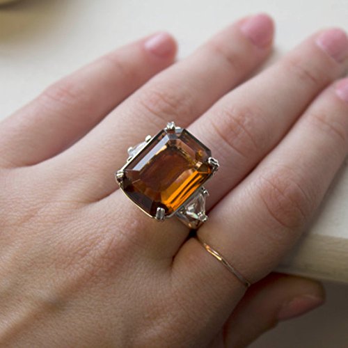 Providence Vintage Jewelry Cocktail Ring Smoky Topaz and Clear Austrian Crystals Rhodium Plated