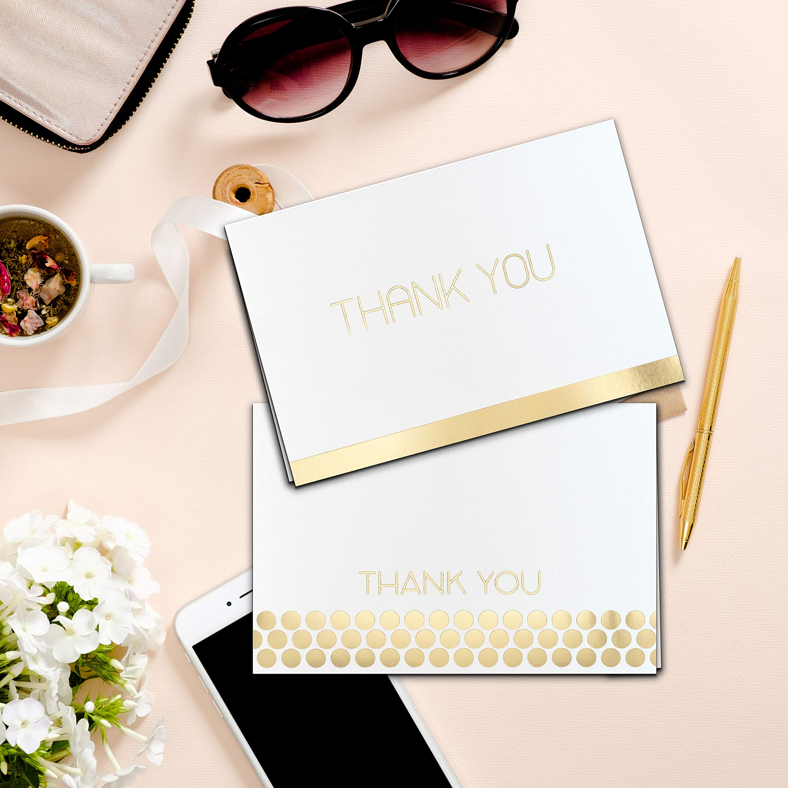 Thank You Cards with Envelopes - 50 Assorted Note Cards Designs With Matching Stickers and White Envelopes - Storage Box Included- 4 x 6''