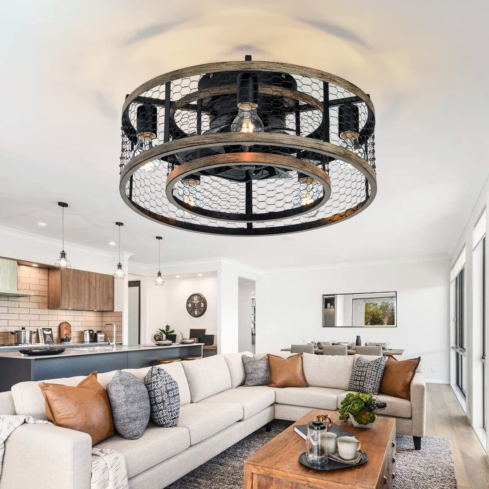 TFVV 20" Caged Ceiling Fan with Light,Low Profile Flush Mount Bladeless Small Ceiling Fan Light for Bedroom,Livingroom (Copper)