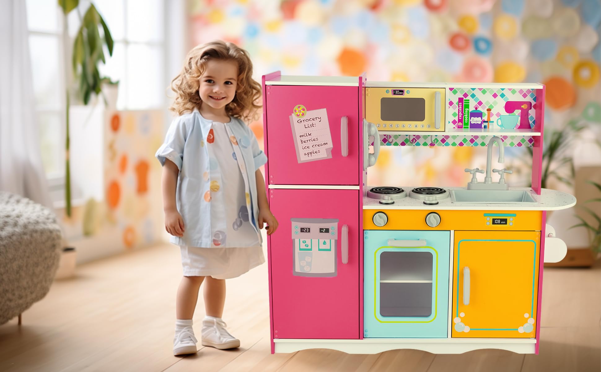 WoodenEdu Kitchen Playset for Kids Ages 3-8, Wooden Pretend Play Kitchen, Including Telephone, Ice Maker, Refrigerator, Dimensions: 35β H x 31β W x 12β D (Colorful)