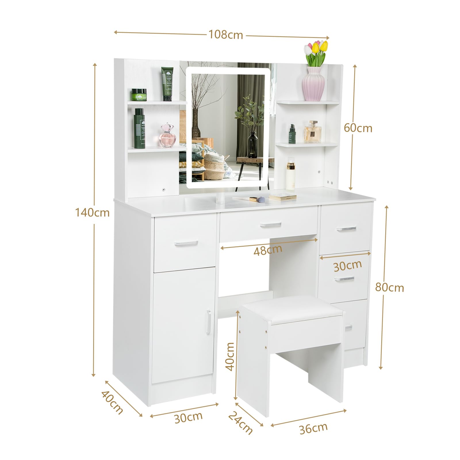 White Vanity Desk with Mirror and Lights, Makeup Vanity with Lights and Drawers, Modern Vanity Set with Stool & Storage Shelves, Dressing Table Bedroom Furniture, White