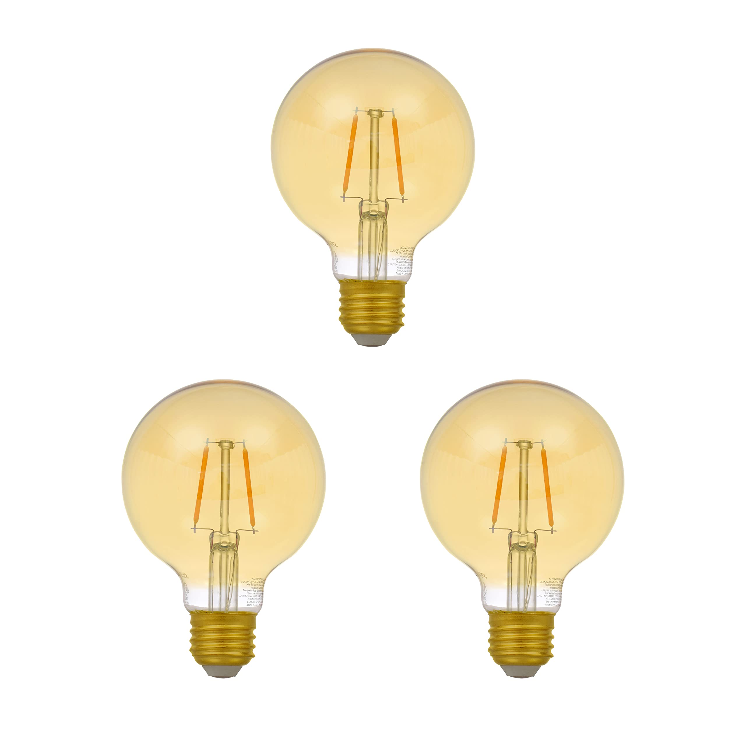 SYLVANIA LED Vintage Filament Globe G25 Light Bulb, 25W Equivalent Efficient 3W, 13 Year, Dimmable, 2175K, Amber Glow - 3 Pack (40066)