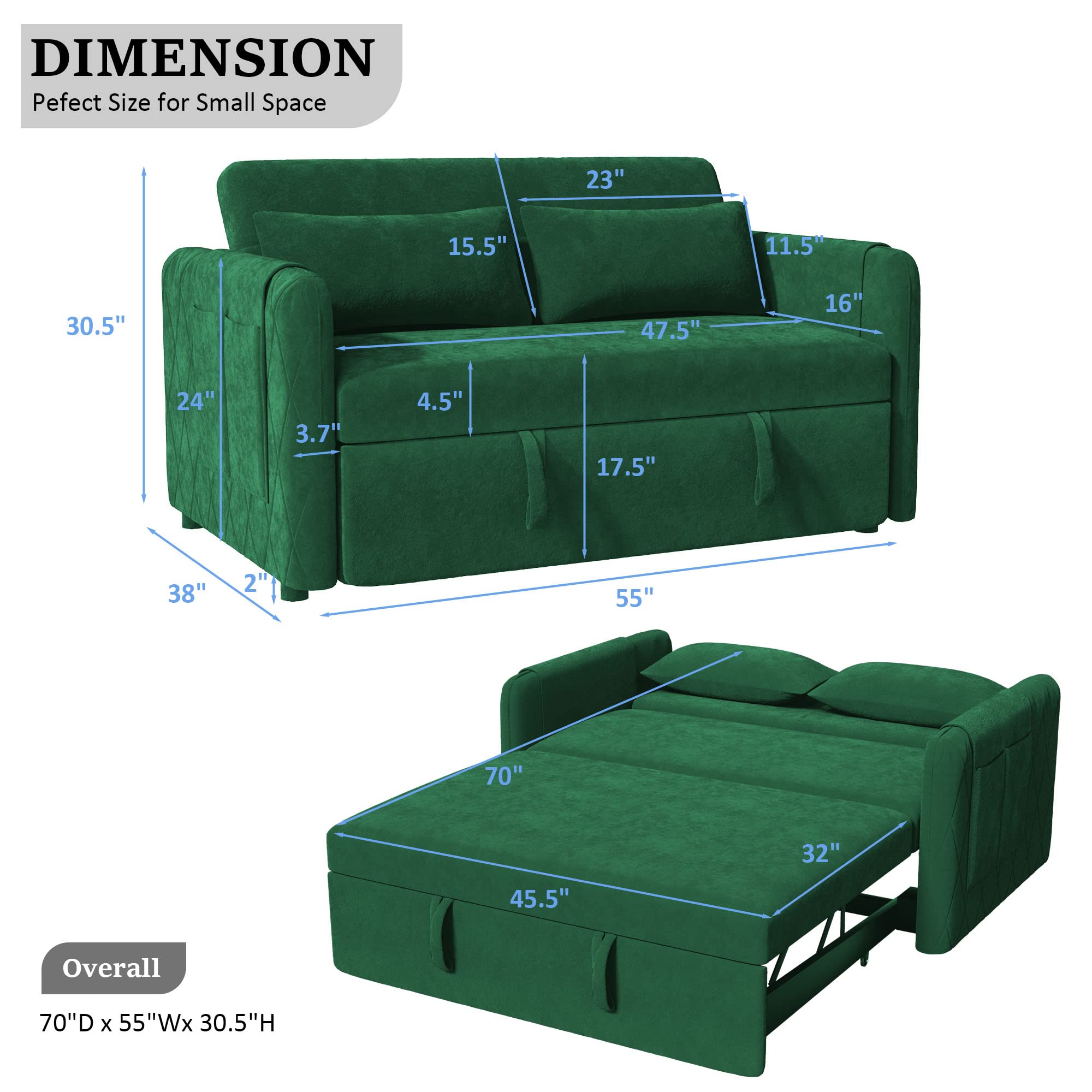 Ucloveria Sleeper Bed Sofa Bed, 3-in-1 Pull Out Couch Bed with 2 Detachable Arm Pockets/Adjustable Back Loveseat Futon Sofa Couch for Living Room Bedroom, Velvet Black