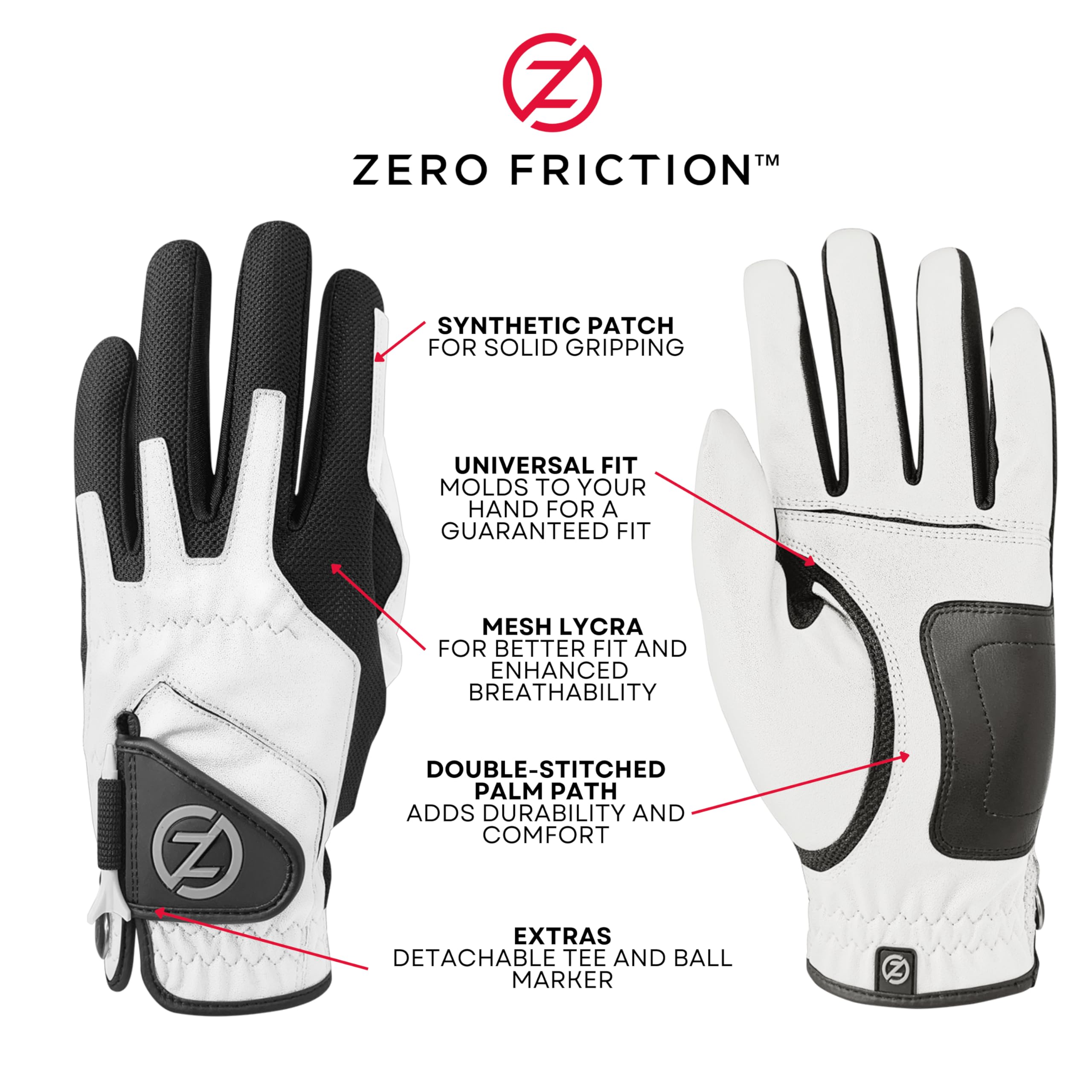 Zero Friction Male Men's Compression-Fit Synthetic Golf Glove (2 Pack), Universal Fit Black/Black, One Size (GL00105)