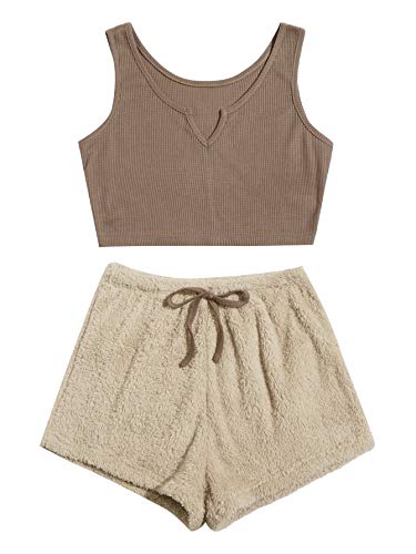 Verdusa Women's Notched Tank Top & Tie Front Teddy Shorts Lounge Pajama Set Multicolored M