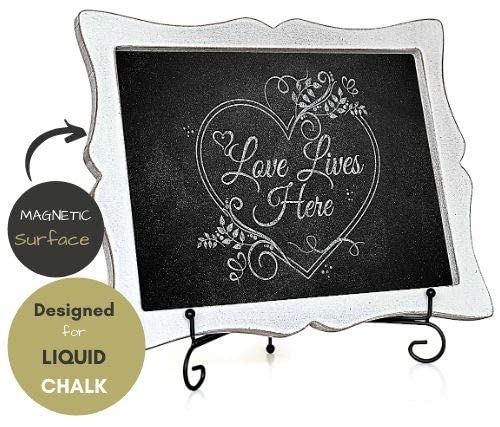 Small Chalkboard Sign with Easel (11x13") + White Liquid Chalk Marker | Hanging or Freestanding Framed Chalkboard with Hand Crafted Sweetheart Frame - Multipurpose | Small Chalkboard Sign