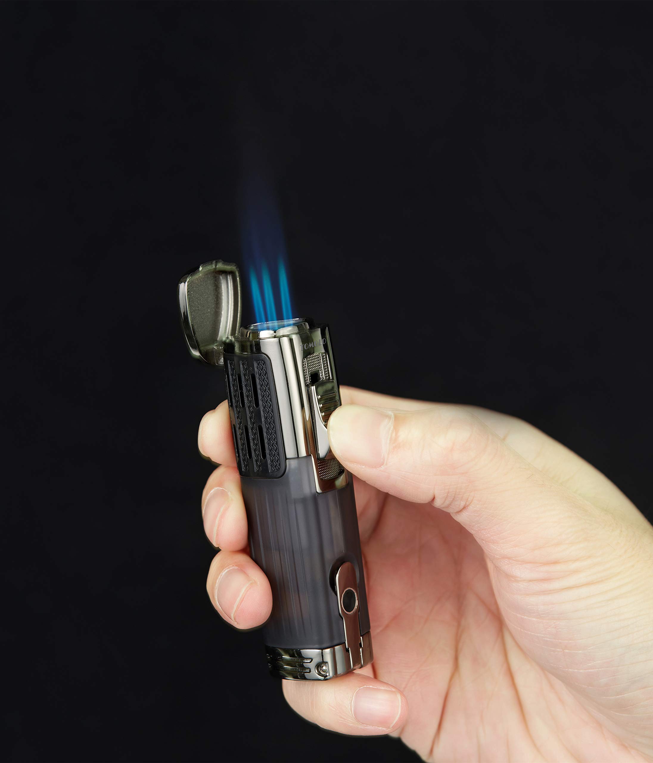 TOMOLO Torch Lighter Triple Jet Flame Refillable Butane Cigar Lighter with Cigar Punch,2 Pack,Charcoal