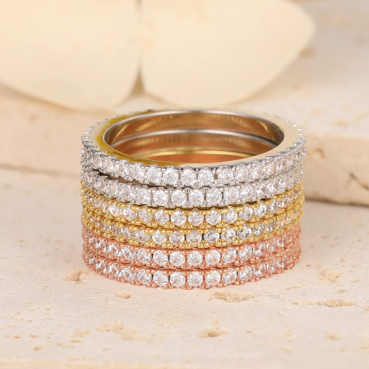 VOLUKA Eternity Band Rings Pack 18K Gold Plated Cubic Zirconia Stackable Ring Simulated Diamond Band for Women Men Engagement Promise Rings Size 7.5