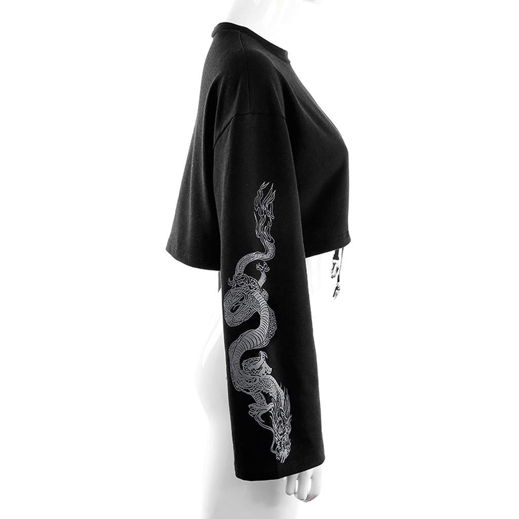 Women's Crop Sweatshirt Punk Goth Dragon Print Buckle Suspender Cropped Top Blouse Pullover Casual Outerwear (Black, L)