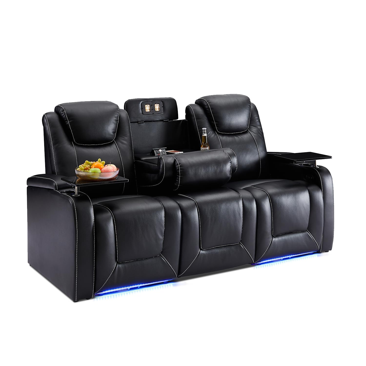 Weilianda Home Theater Seating Leather Moive Sofa Recliner Chair Type-C USB Charge and Wireless Charging Arm Storage with Tray Table - Black