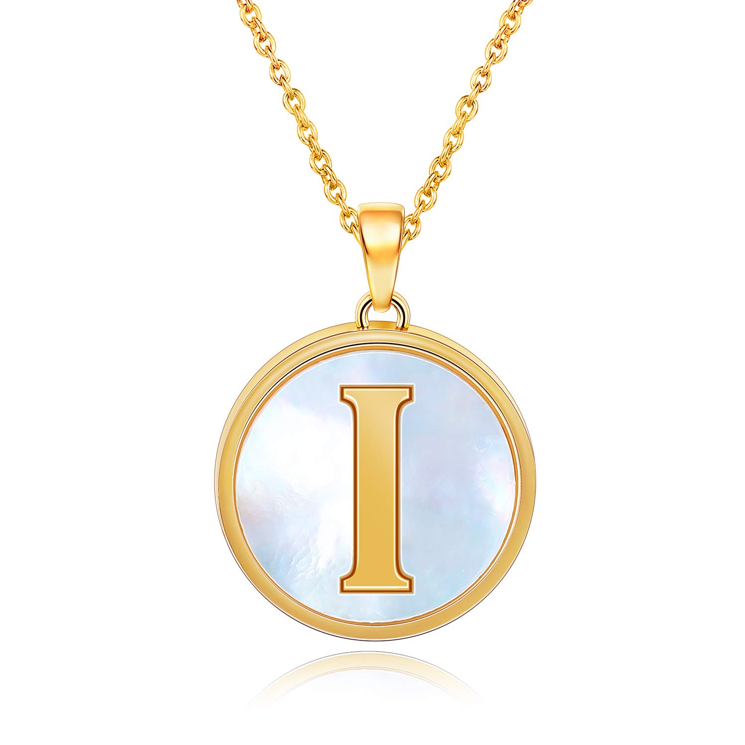 VOLUKA Jewelry Gift for Women Initial Necklace Mother of Pearl Capital Letter I Alphabet Pendant 18K Gold Plated 19ā Adjustable Chain Personalized Name Link
