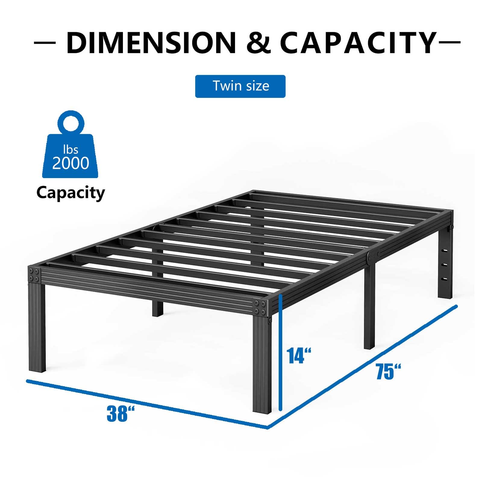 Uliesc Twin Size Bed Frame, 14 Inch High Sleek and Durable Metal Bed Frame, No Box Spring Needed Platform, Heavy Duty Steel Slats with 2000 lbs Support, Easy Assembly, Noise-FreeāMatte Black
