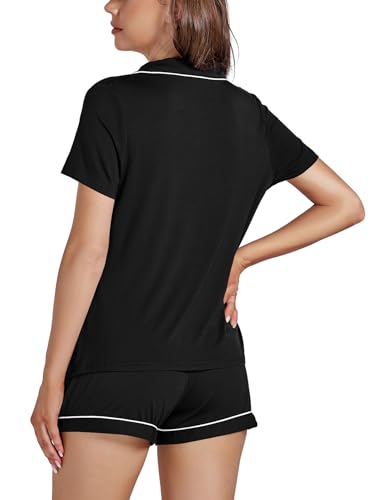 Umenlele Women's 2 Piece Pajama Set Short Sleeve Soft Sleepwear Button-Down Loungewear Black# Small